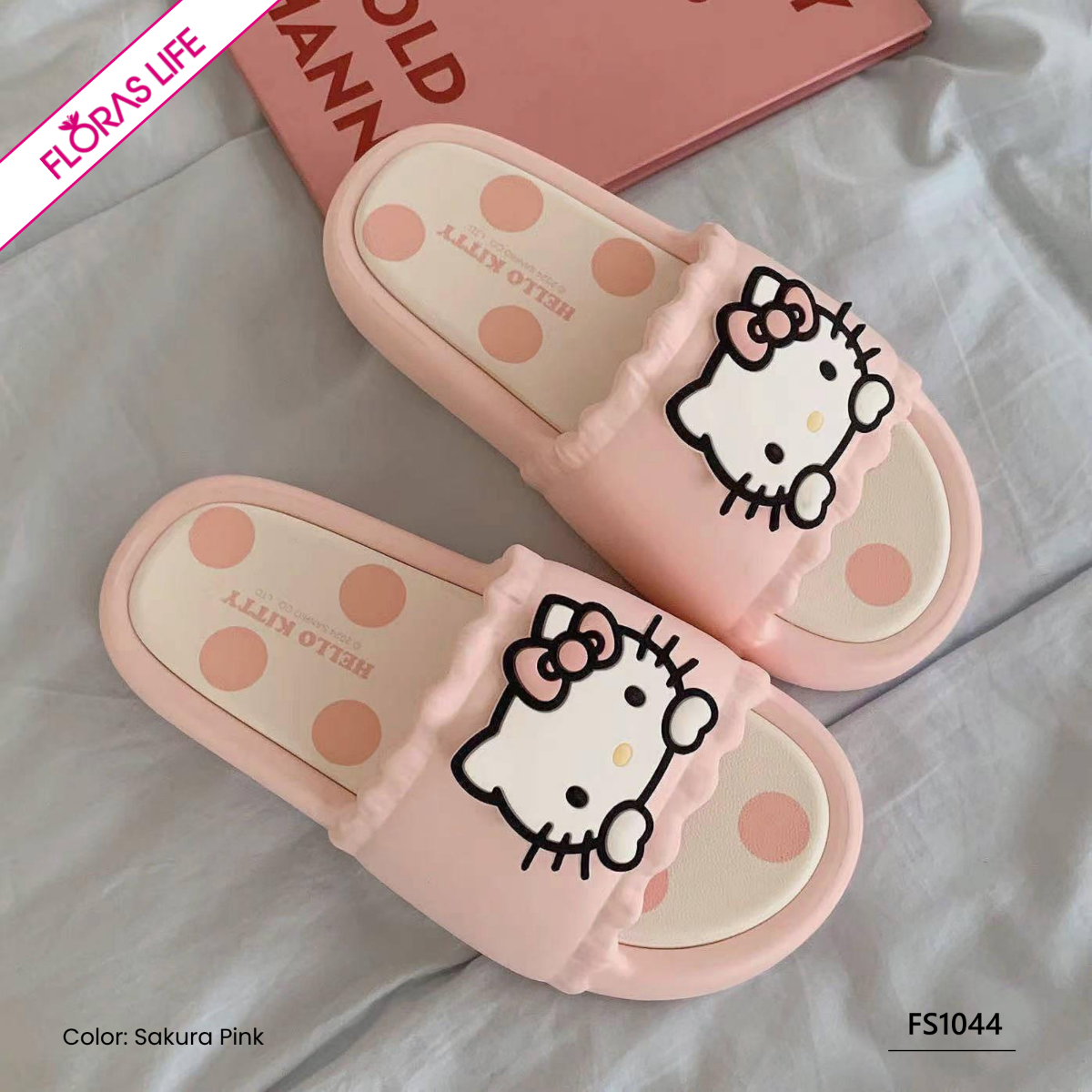 Cream White Hello Kitty Sakura Pink Hello Kitty SLIPPERS - Floras Life