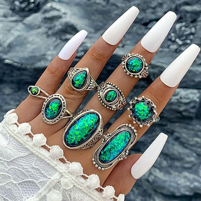 Elegent Geometric Opal Finger Ring Set (8 pcs) - Choosy Shop